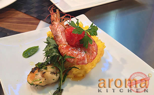 Saffron and prawn risotto with herb brushed fried scallops - Aceline