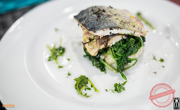 Grilled Lampuki fillets on basil mash with dill and lime dressing - Aceline